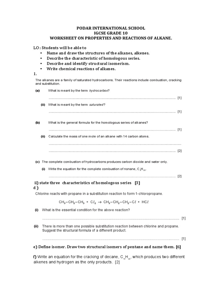 Alkanes: Properties and Reactions Worksheet | PDF | Alkane | Hydrocarbons