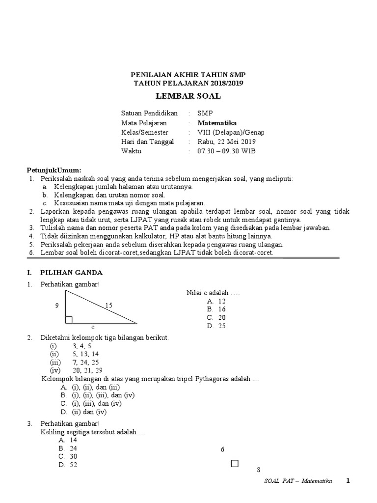 Soal PAT Matematika Kelas VIII_K13 | PDF