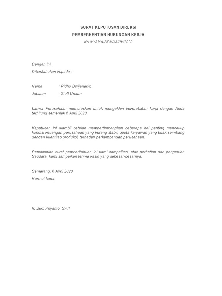 Surat Keputusan Direksi SPHK | PDF