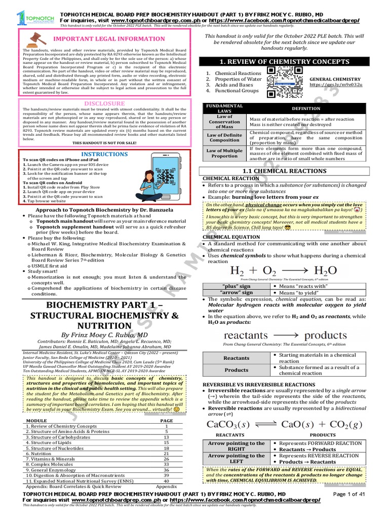 1 Biochemistry Main Handout Part 1 Oct 2022 Jomarisse Ramirez PDF | PDF | Heat | Entropy