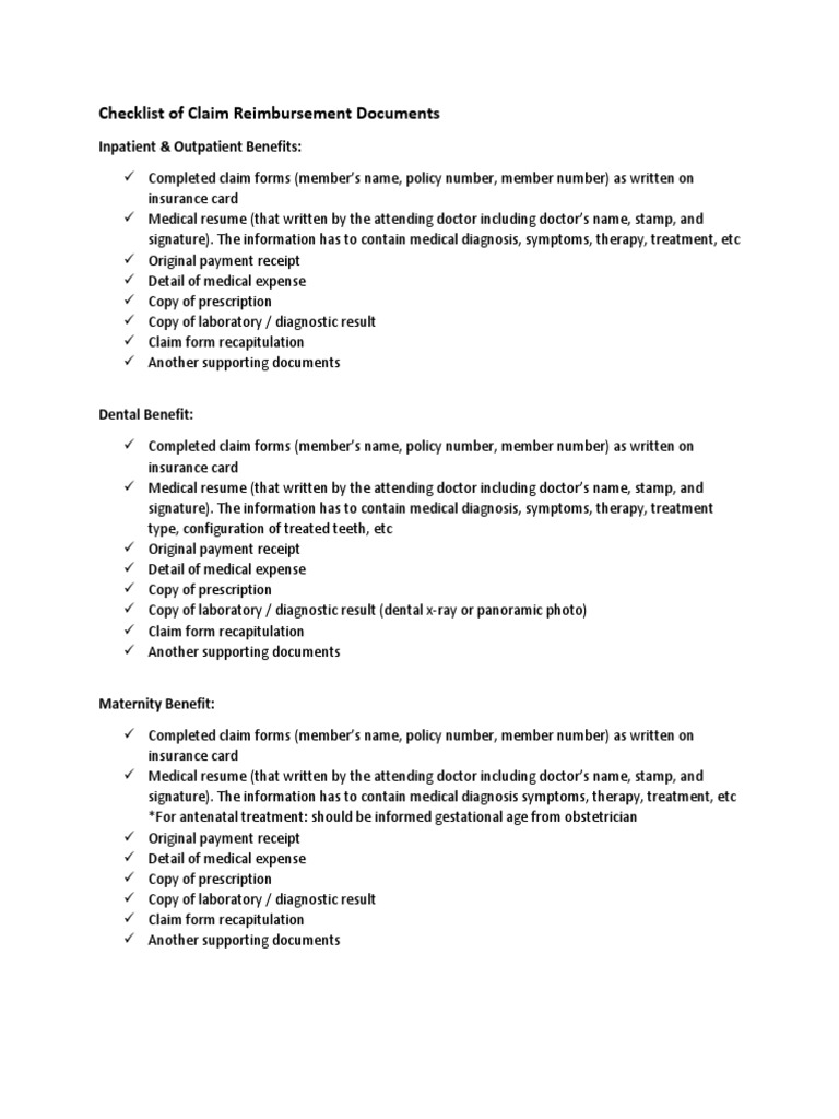 Claim Reimbursement Document Checklist | PDF