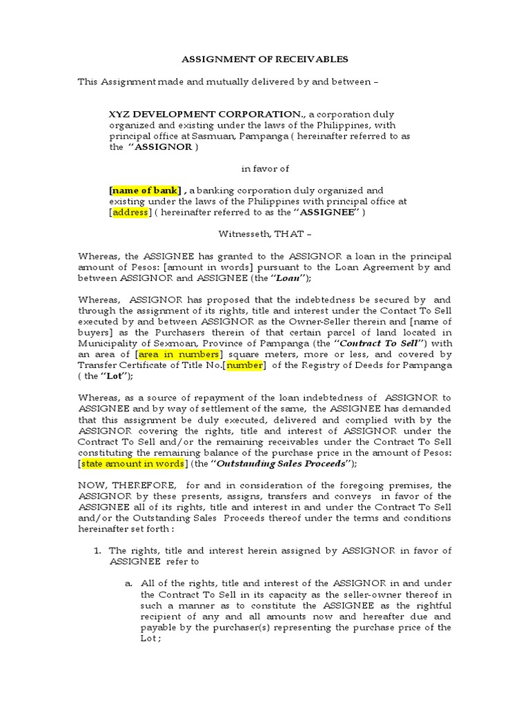 Assignment of Receivables | PDF | Assignment (Law) | Natural Resources Law
