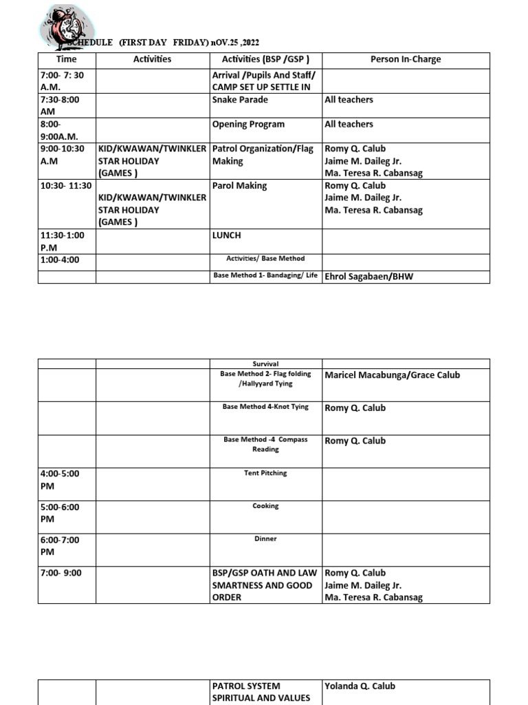 School Camporal Schedule of Activities 2022 | PDF | Meal | Eating ...
