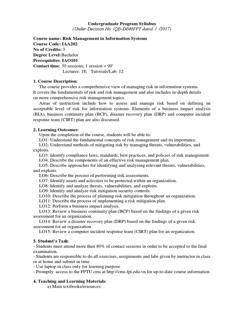 Syllabus IAA202 - SU20 | PDF | Risk Management | Vulnerability (Computing)