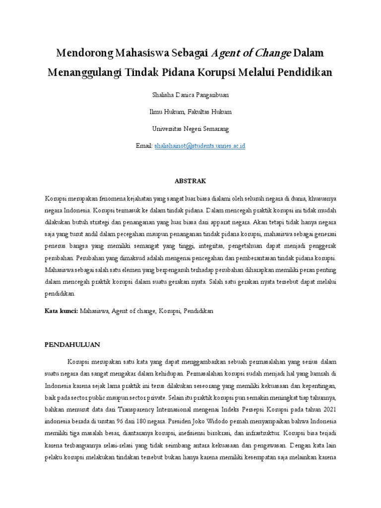 Mendorong Mahasiswa Sebagai Agent of Change Dalam Menanggulangi Tindak Pidana Korupsi Melalui ...
