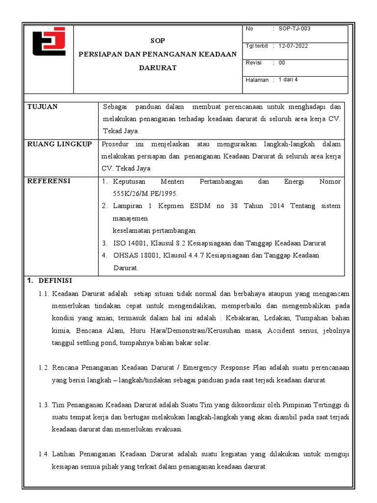 Sop - 003 - Persiapan Dan Penanganan Keadaan Darurat | PDF