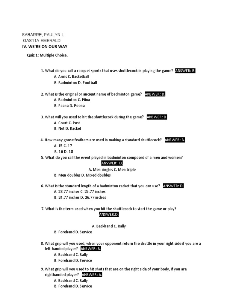 Badminton Quiz: Multiple Choice Questions | PDF | Games & Activities ...
