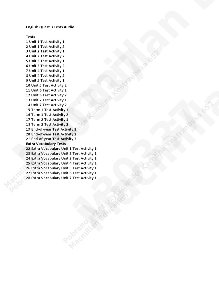 English Quest 3 Tests Audio Lista Sciezek | PDF