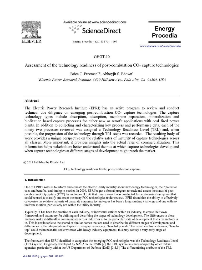 Assessment of The Technology Readiness of Post-Combustion CO2 Capture Technologies | Download ...