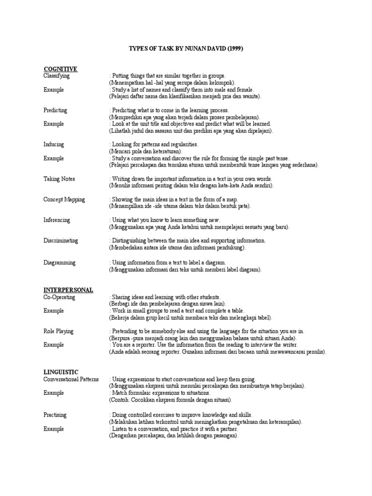 Nunan's Task Types | PDF | Karier & Perkembangan | Seni & Disiplin Bahasa