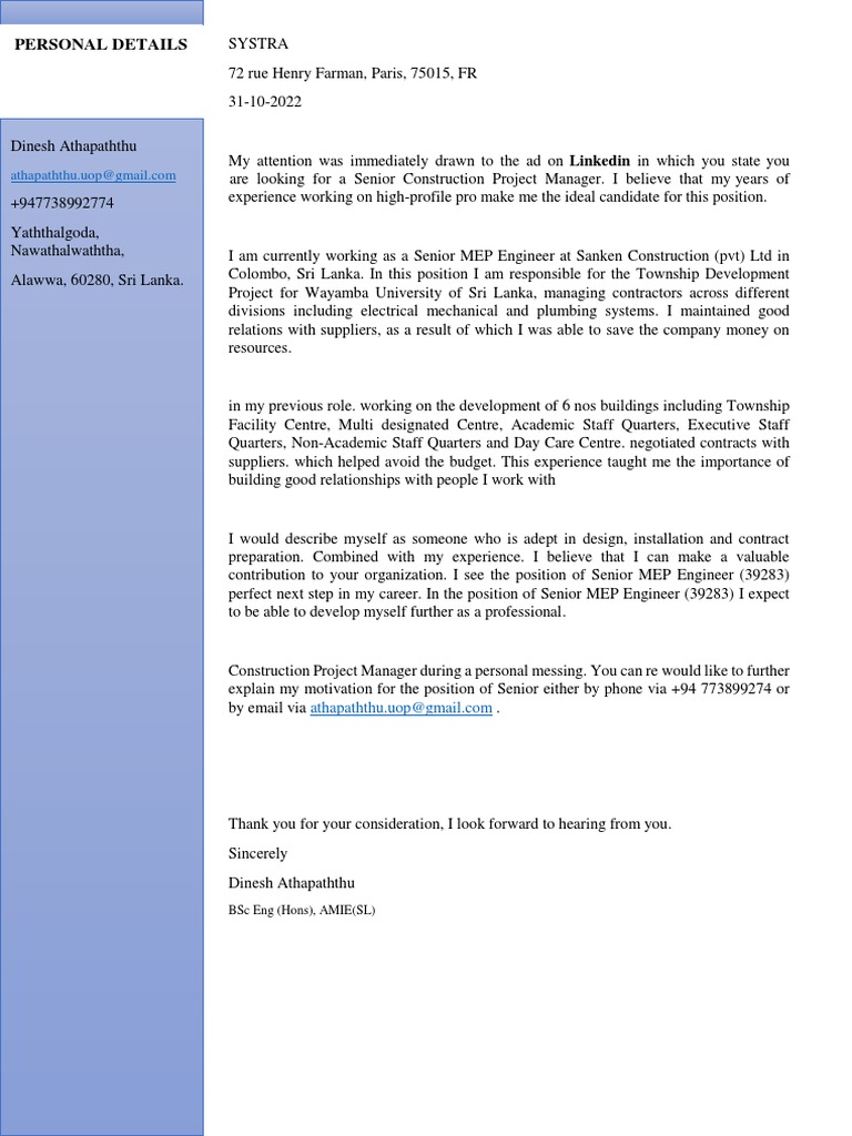 Cover Letter - SYSTRA | PDF | Career & Growth | Art