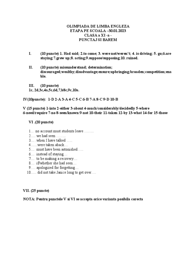 Engleză - Etapa Pe Scoala - Barem - Clasa A XI-a - 30 Ian 2023 | PDF