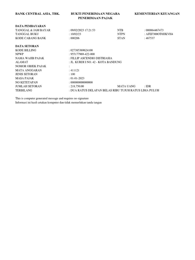 BPN Ebilling - FAD - PPH 21 - 0123 PDF | PDF