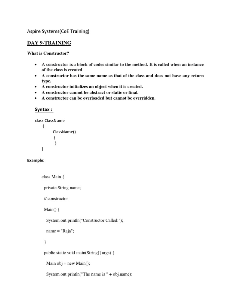 15 09 2022 Day 9 Constructor Types Of Constructor Constructor Chaining Pdf Programming