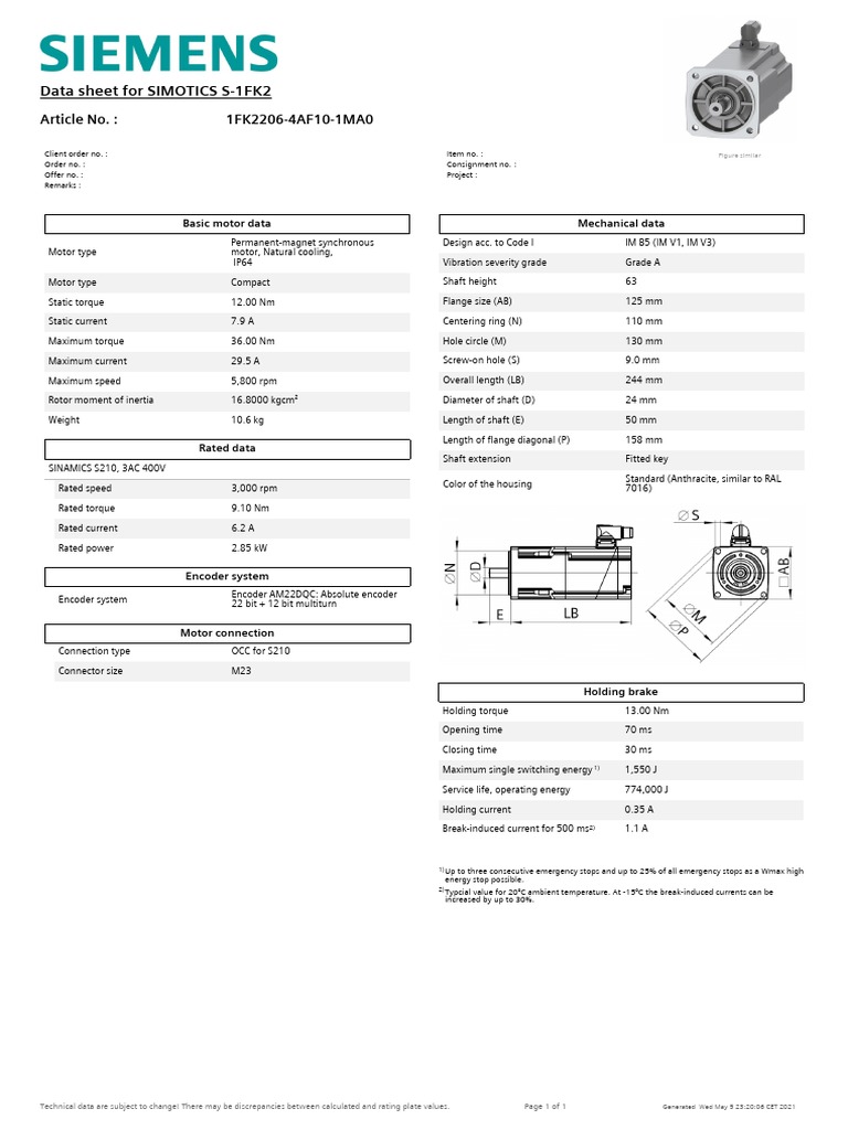 Data Sheet For SIMOTICS S-1FK2: Article No.: 1FK2206-4AF10-1MA0 | PDF ...