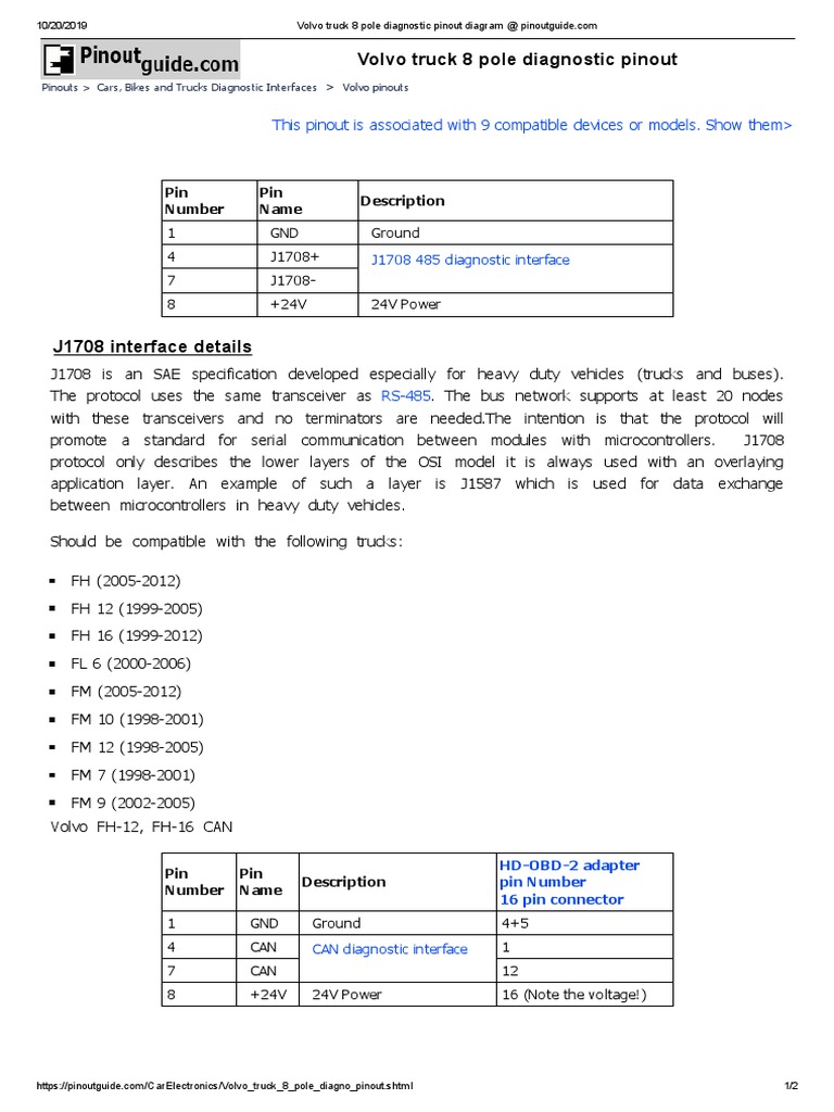 Volvo Truck 8 Pole Diagnostic Pinout Diagram at Pinoutguide | PDF | Osi ...