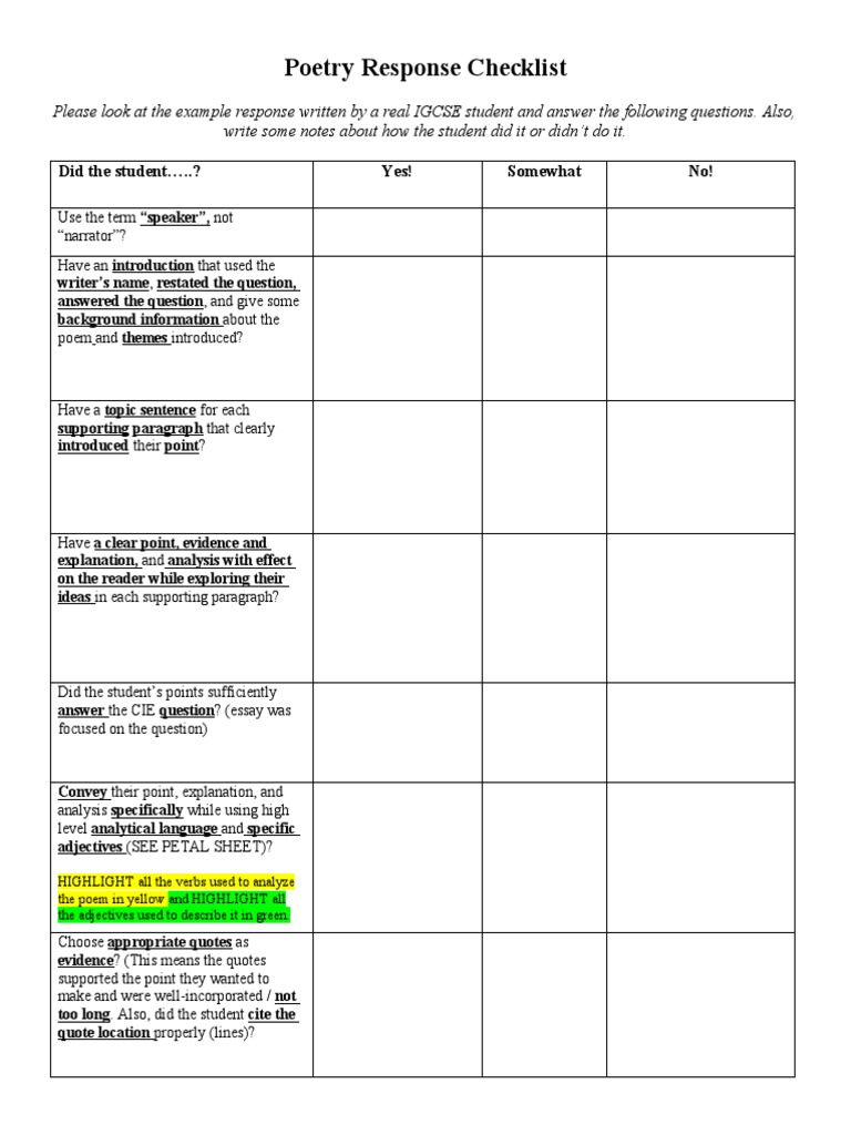 Poetry Essay Checklist | PDF