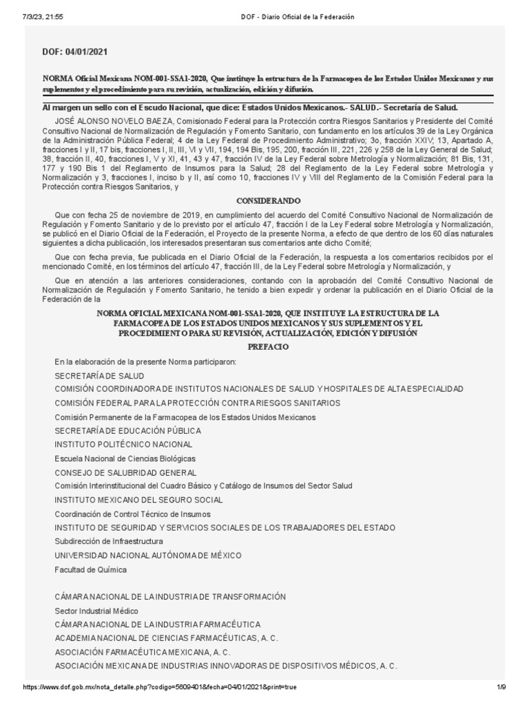 NORMA Oficial Mexicana NOM-001-SSA1-2020 | PDF | Farmacia | Farmacéutico