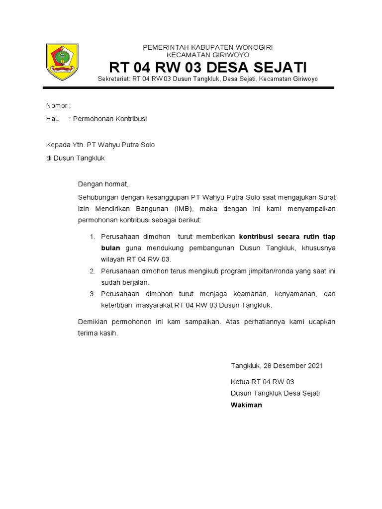 Surat RT Permohonan Bantuan Uruk1 | PDF