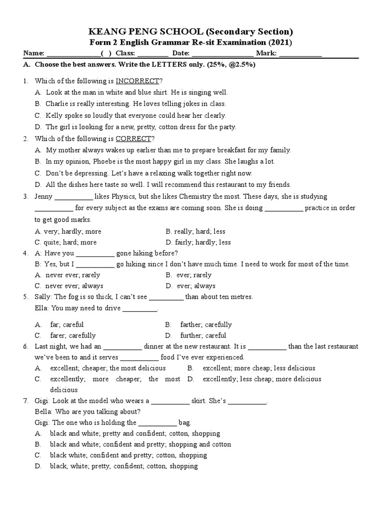 F.2 Grammar Resit Exam (Rex) | PDF