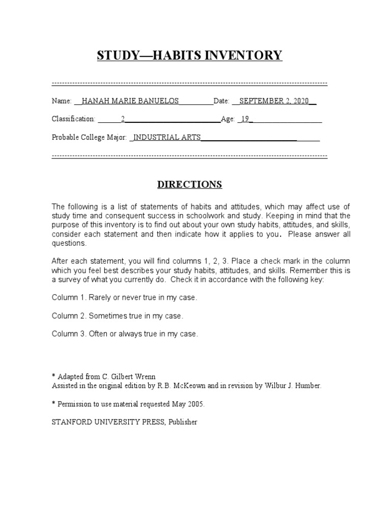 Study Habits Inventory | PDF | Thought | Learning