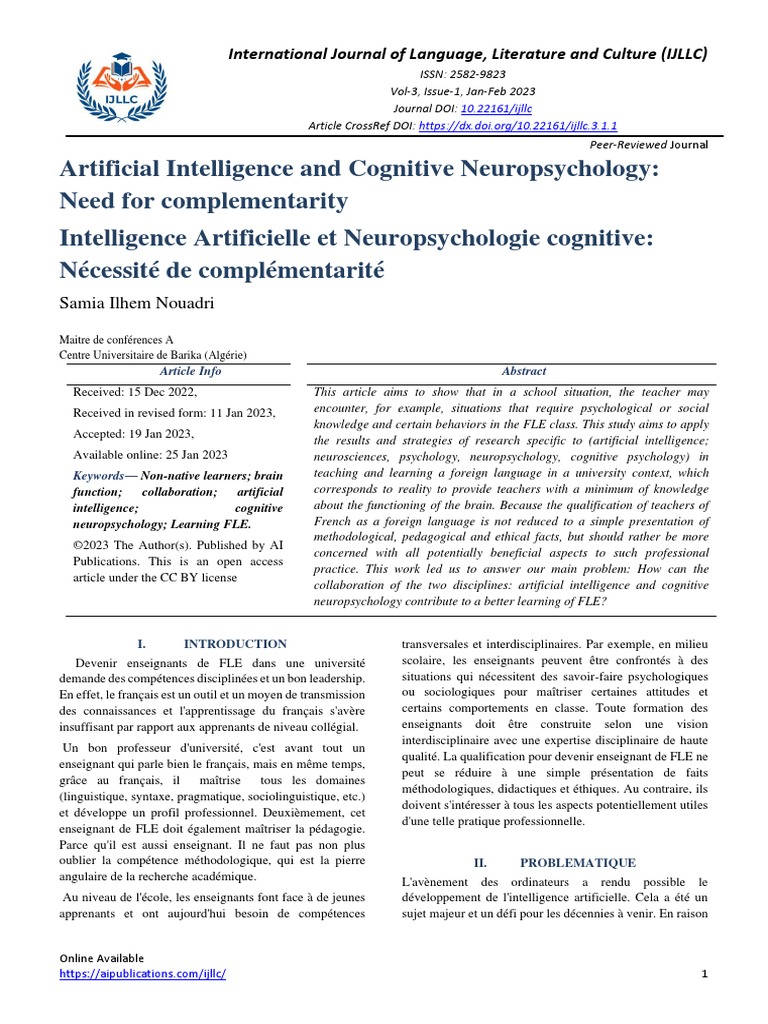Artificial Intelligence and Cognitive Neuropsychology: Need For Complementarity | PDF | Learning ...