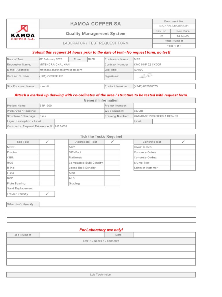 MSS-31 KCSA Laboratory Test Request Form- compaction test for Abulation ...