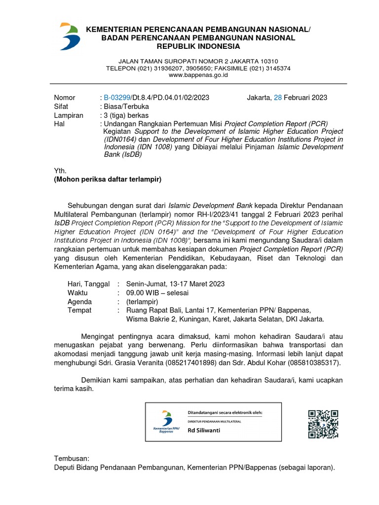 Surat Undangan PCR Mission IsDB Proyek IDN0164 Dan IDN1008 13-17 Maret ...