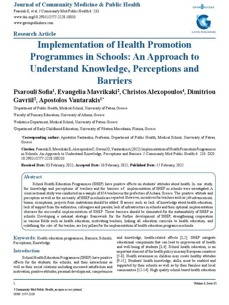 Implementation of Health Promotion Programmes in Schools An Approach To ...