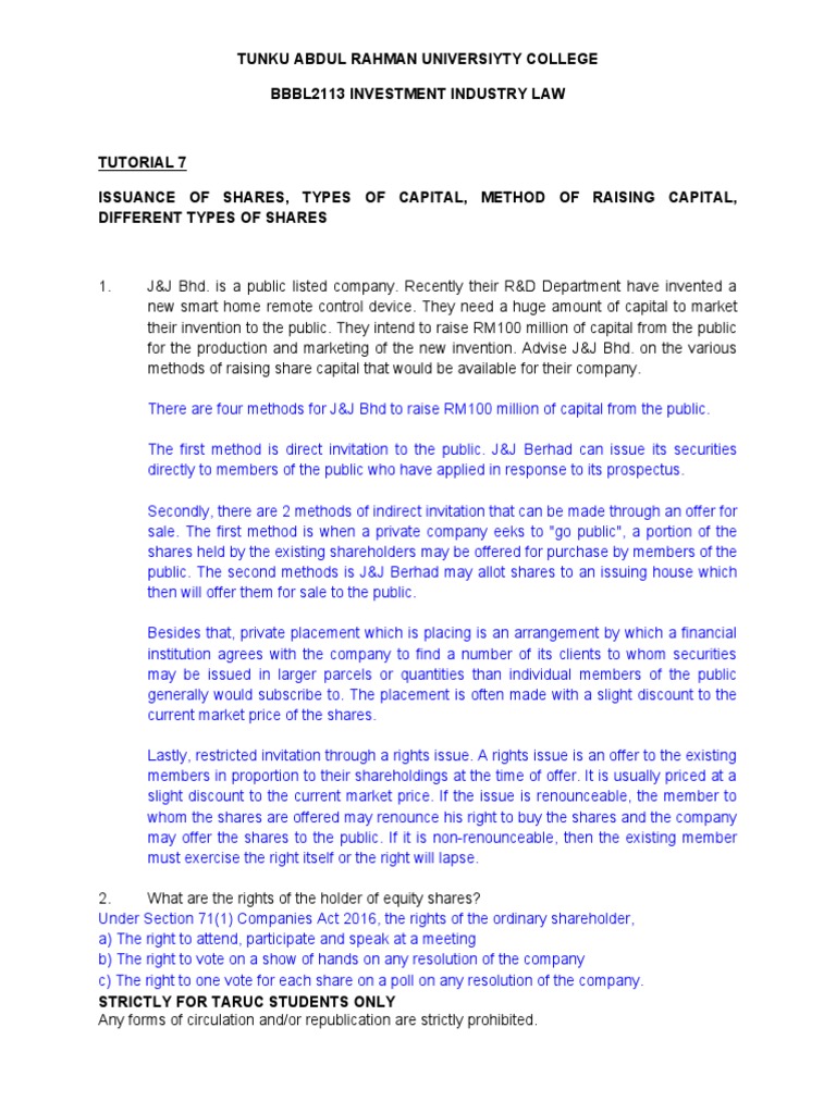 Tutorial 7 | PDF | Stocks | Equity (Finance)