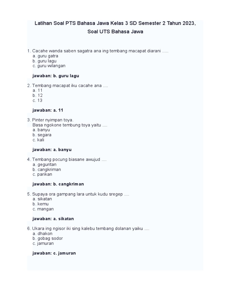 Latihan Soal PTS Bahasa Jawa Kelas 3 SD Semester 2 Tahun 2023 | PDF