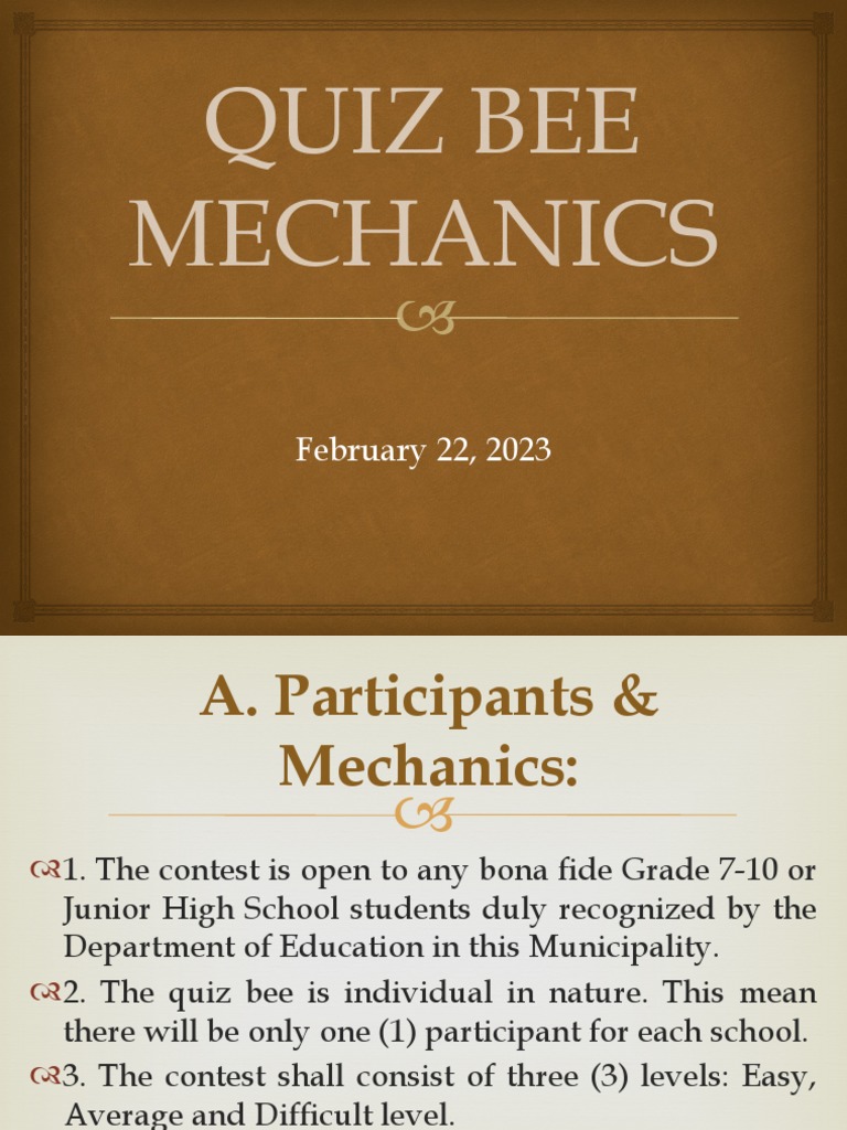 QUIZ BEE MECHANICS POWER POINT (Autosaved) | PDF