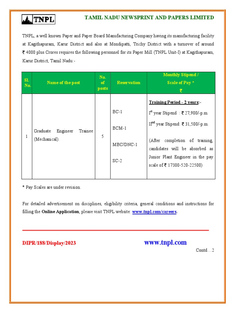 TNPL - Advt - Material Zohoonline For 5 Posts GETs | PDF