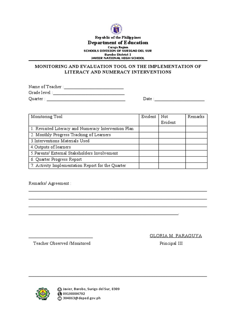 Monitoring Literacy and Numeracy Interventions: A Quarterly Report from Javier National High ...
