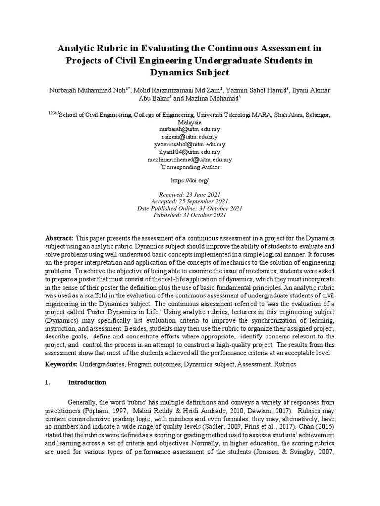 Analytic Rubric in Evaluating The Continuous Assessment | PDF | Rubric (Academic) | Momentum