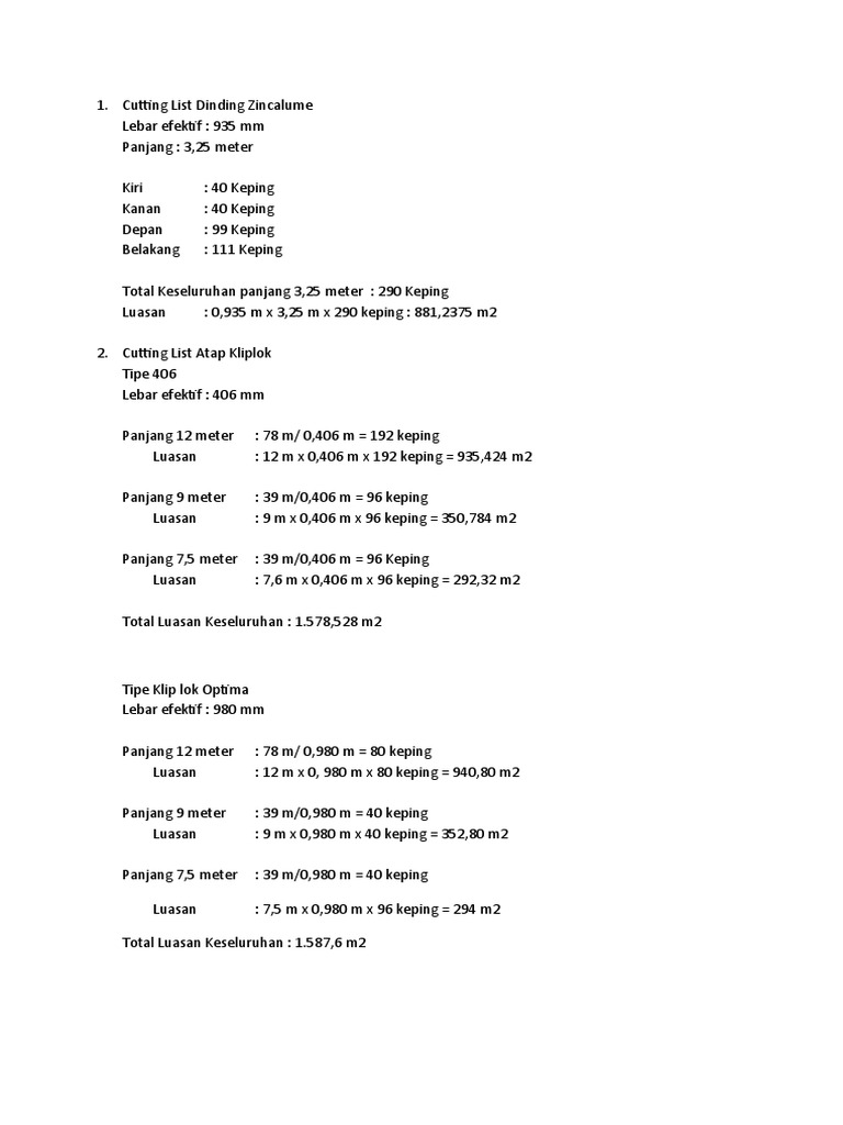 Cutting List Atap Dan Dinding | PDF
