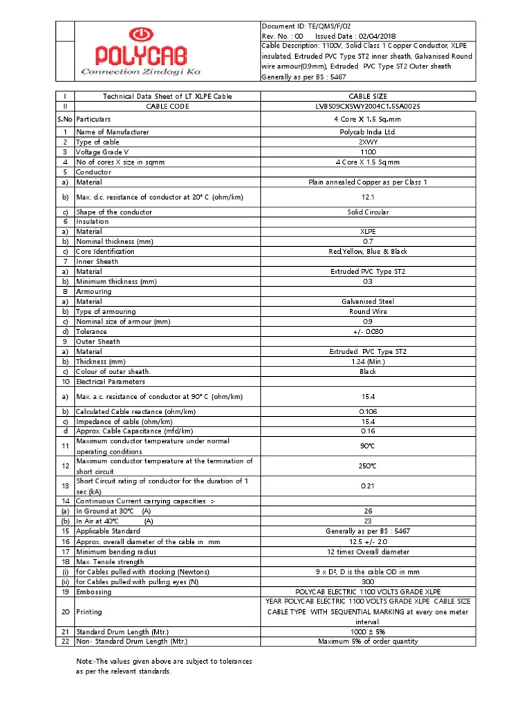 Polycab 1100V XLPE Cable Technical Data | PDF | Electrical Conductor ...
