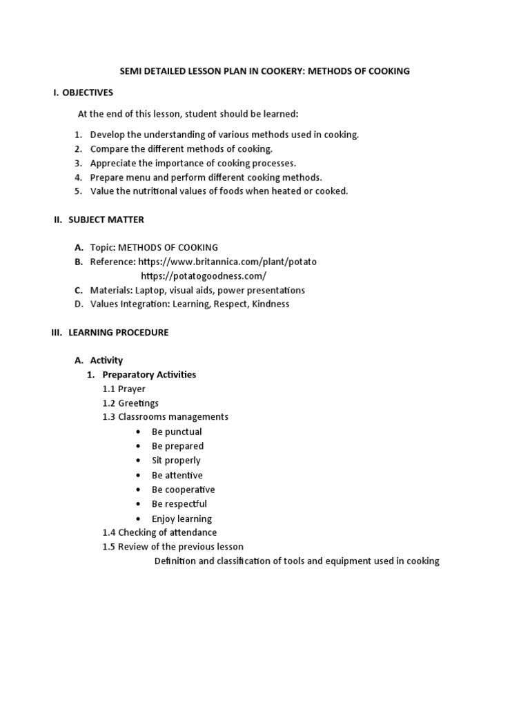 Lesson Plan in Potato | PDF | Potato | Cooking