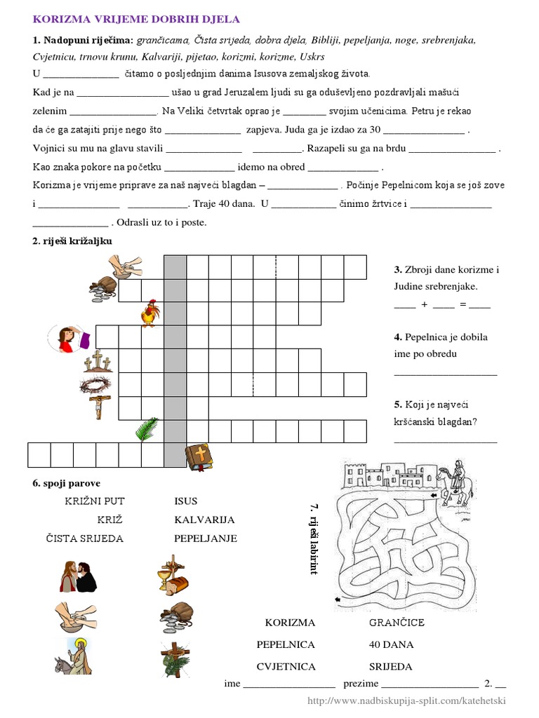 Korizma Vrijeme Dobrih Djela Vjeronauk Radni List Drugi Razred | PDF