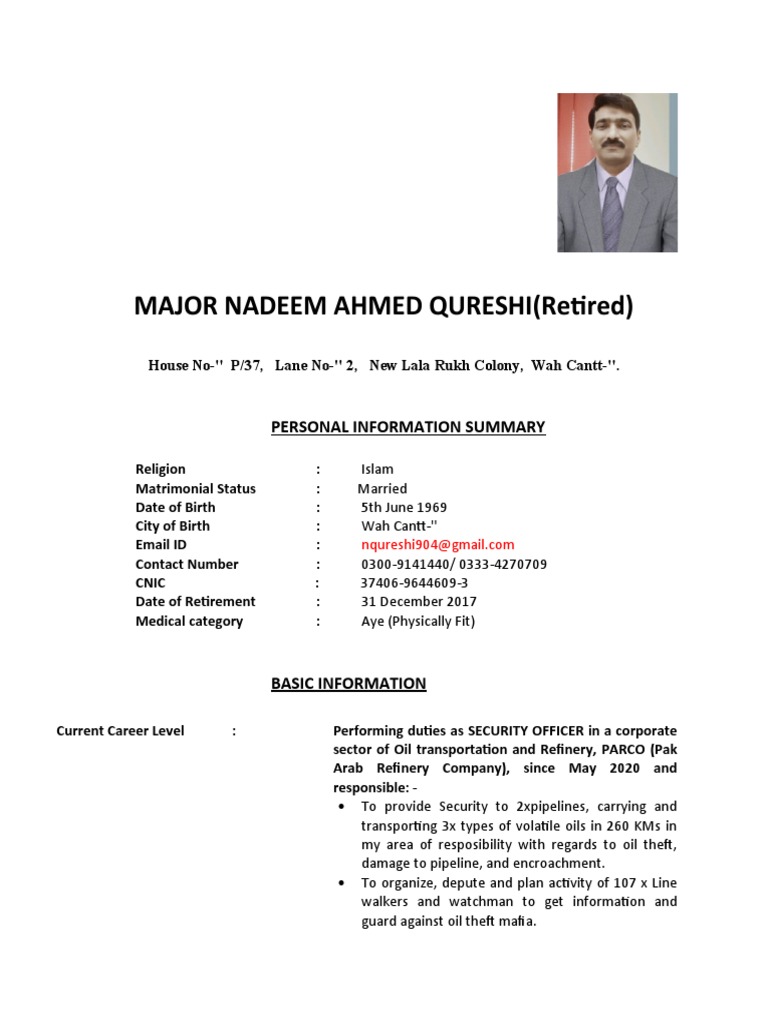 Major Nadeem Qureshi CV - Copy (ADMIN Sec) | PDF | Human Resource ...