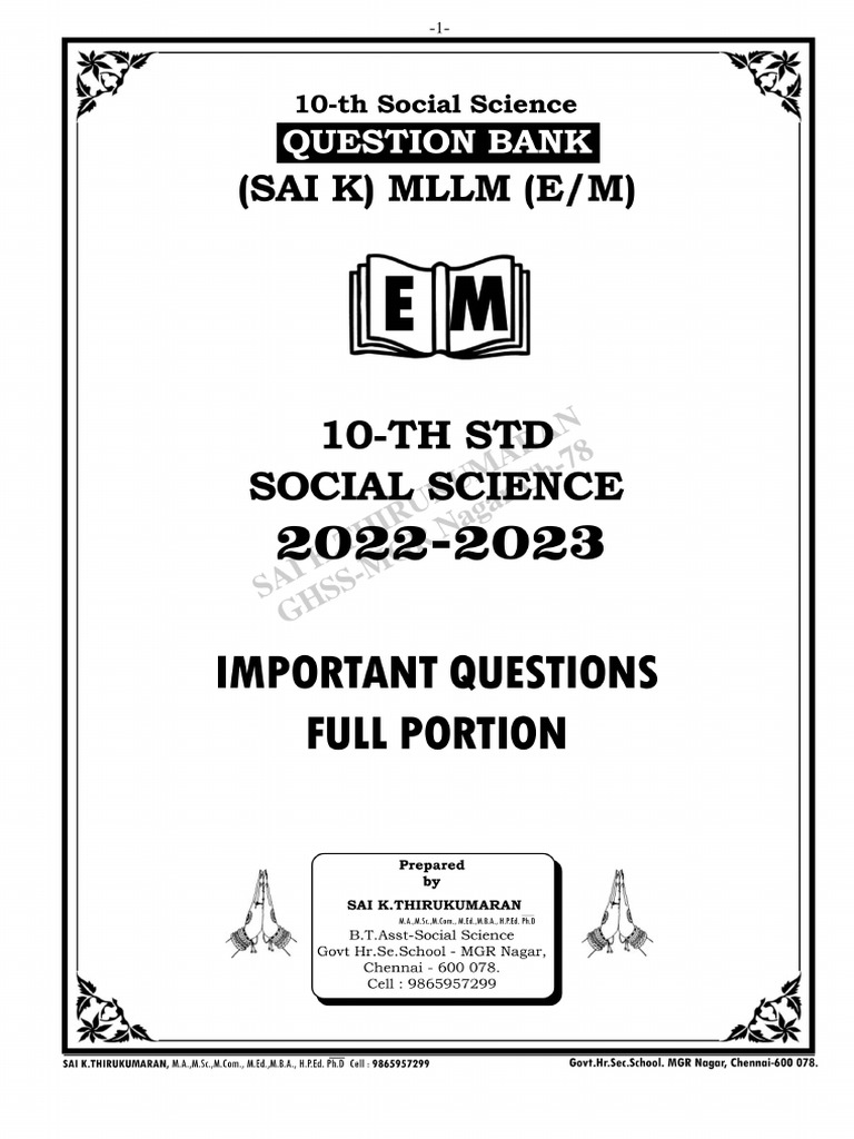 K-FILE190 - SSLC - 10th STD Social Science EM Question Bank 2022-2023 - SAI K.THIRUKUMARAN PDF | PDF