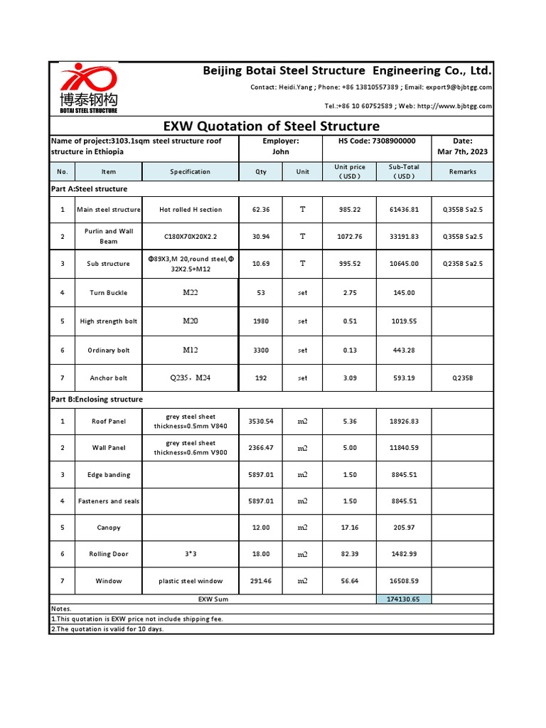 EXW Quotation 3103.1sqm Steel Structure Roof Structure in Ethiopi | PDF ...