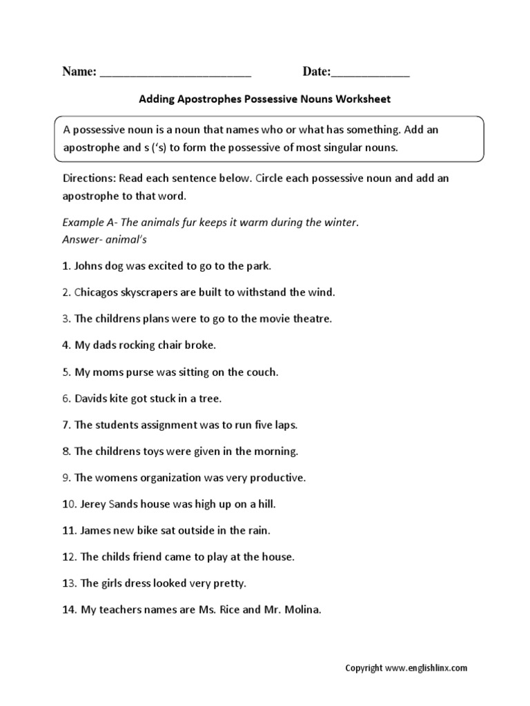 Adding Apostrophes Possessive Nouns Worksheet | PDF