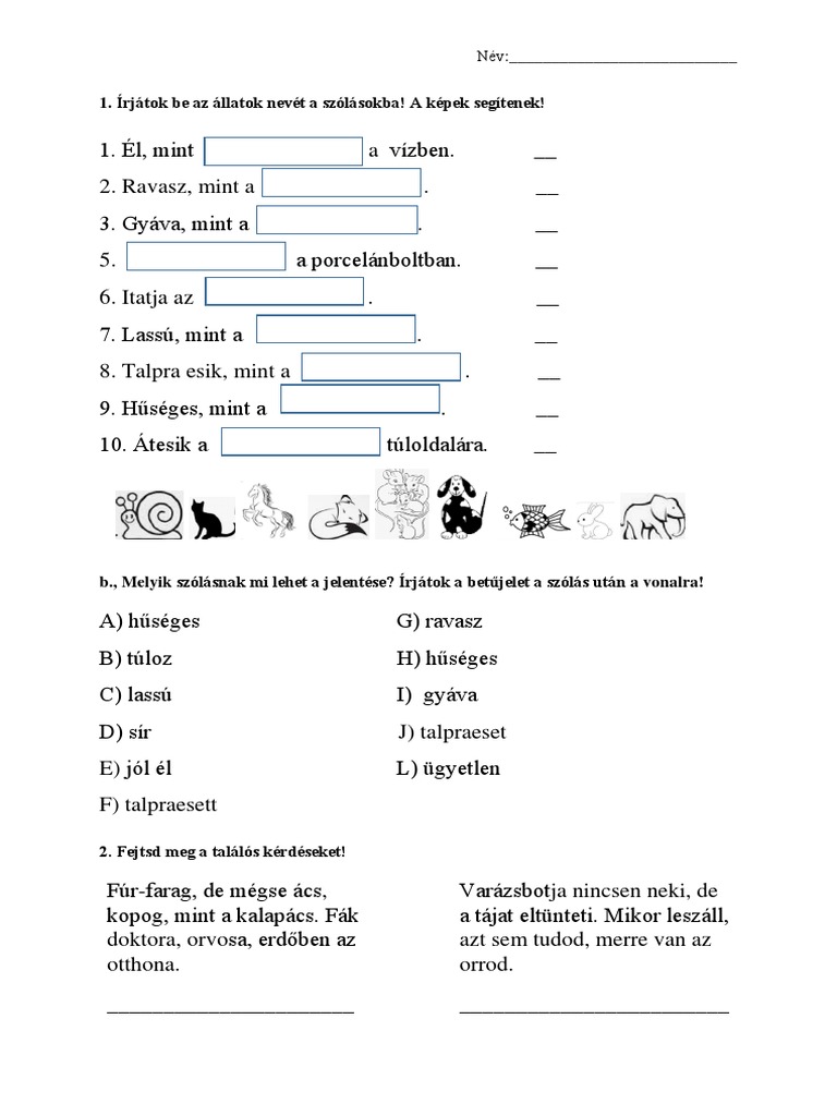 Állatos Szólások Feladatlap PDF | PDF