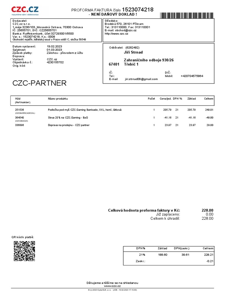 Czc-Partner: Proforma Faktura Číslo - Není Daňový Doklad ! | PDF