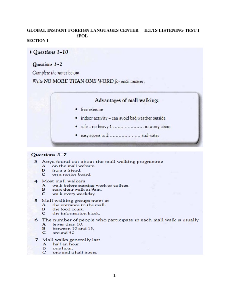 Ielts Listening Test 1 | PDF