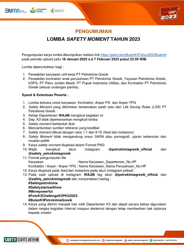 Pengumuman LOMBA SAFETY MOMENT 2023 | PDF