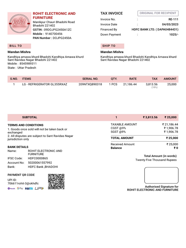 Rohit Electronic Tax Invoice for LG Refrigerator | PDF | Public Finance ...