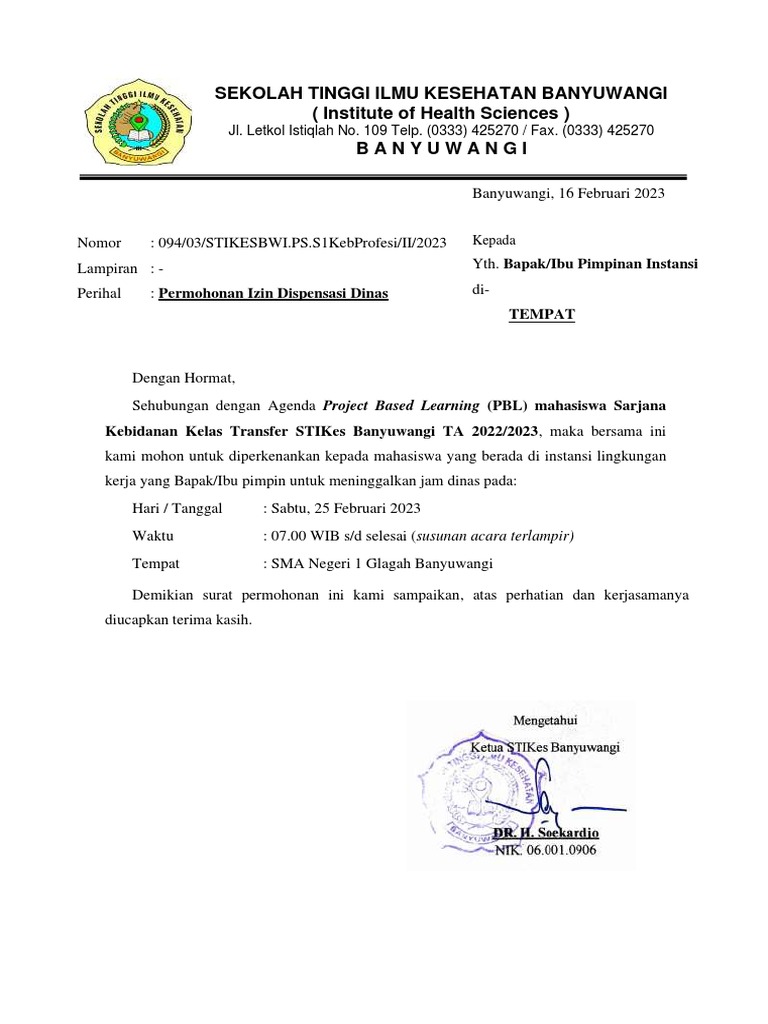 Contoh Surat Ijin PBL 25 Feb 2023 | PDF