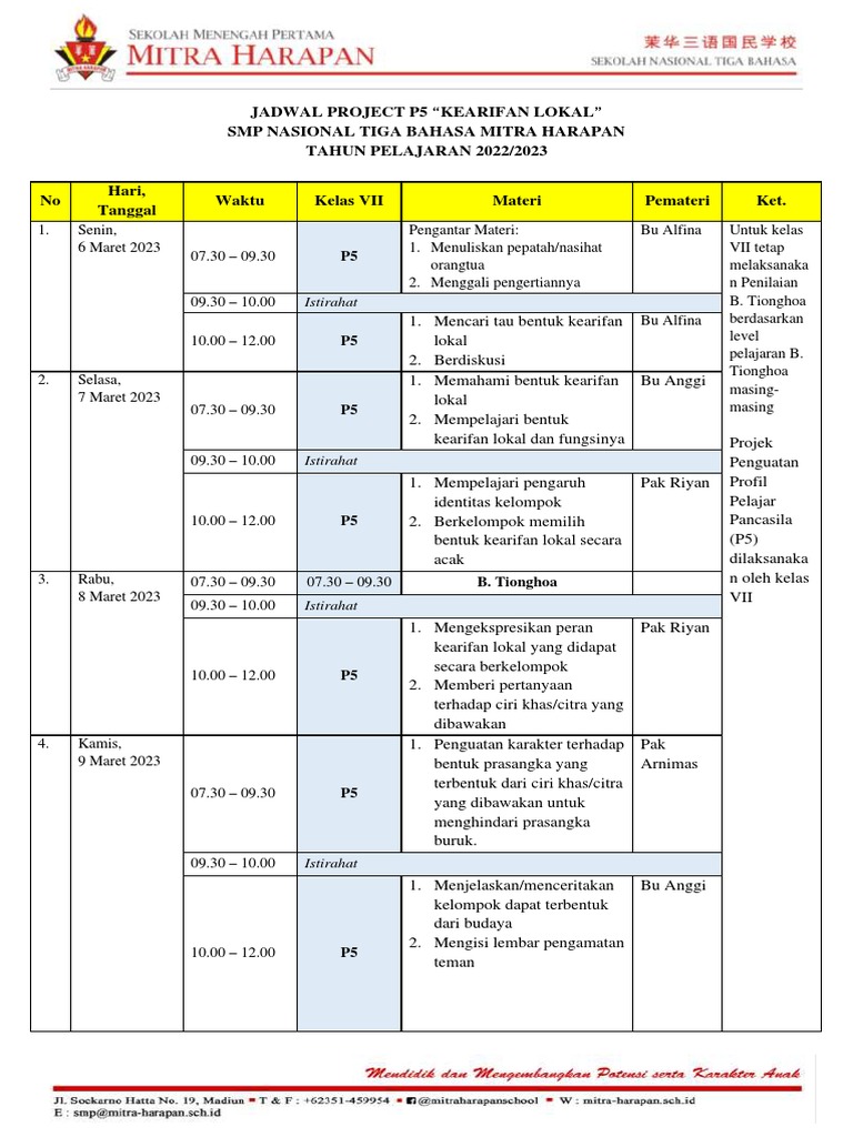 Jadwal P5 Genap KLS 7 Kearifan Lokal 2022-2023 Fix | PDF